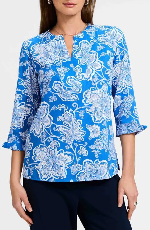 Foxcroft Vena Floral Split Neck Cotton Shirt - Cobalt Blue