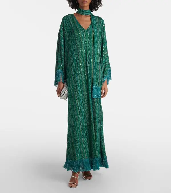 Missoni Zigzag Sequined Fringed Lamé Kaftan In Green - 20% Off