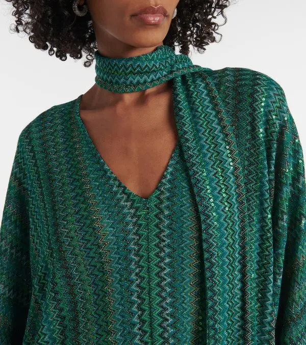 Missoni Zigzag Sequined Fringed Lamé Kaftan In Green - 20% Off