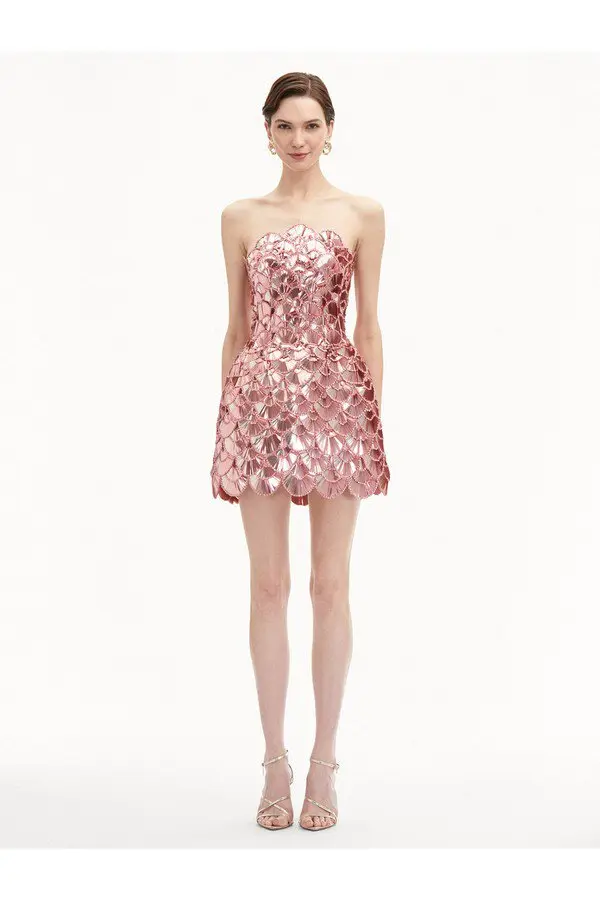 oscar de la renta scallop sequin mini dress Oscar de la Renta Pearly Scallop Strapless Mini Cocktail Dress