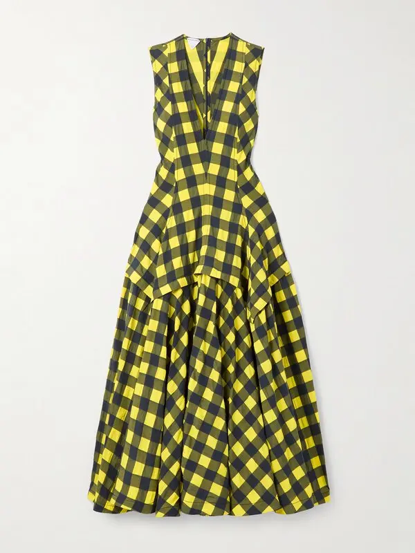 Bottega Veneta Pleated Paneled Checked Cotton Midi Dress - Multi