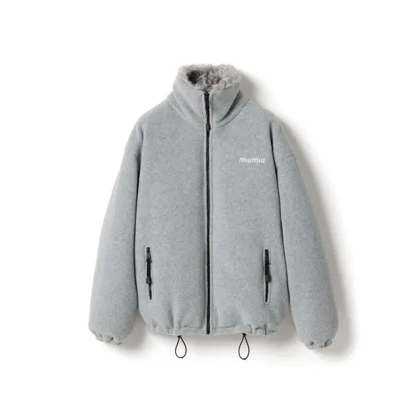 Miu Miu Fleece Down Jacket With Embroidered Logo - Marble Gray