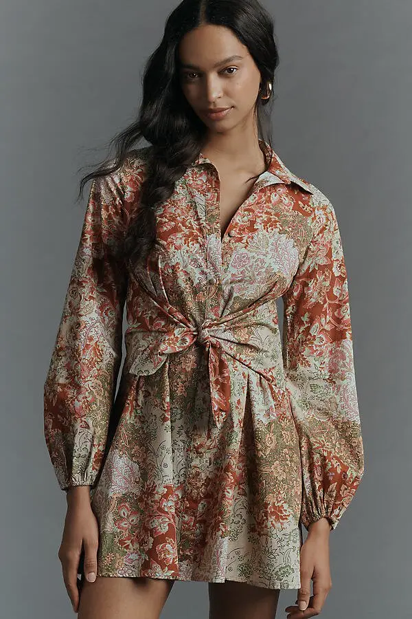 hutch shirt dress Hutch Cotton Sateen Mini Shirt Dress - Blue Pattern
