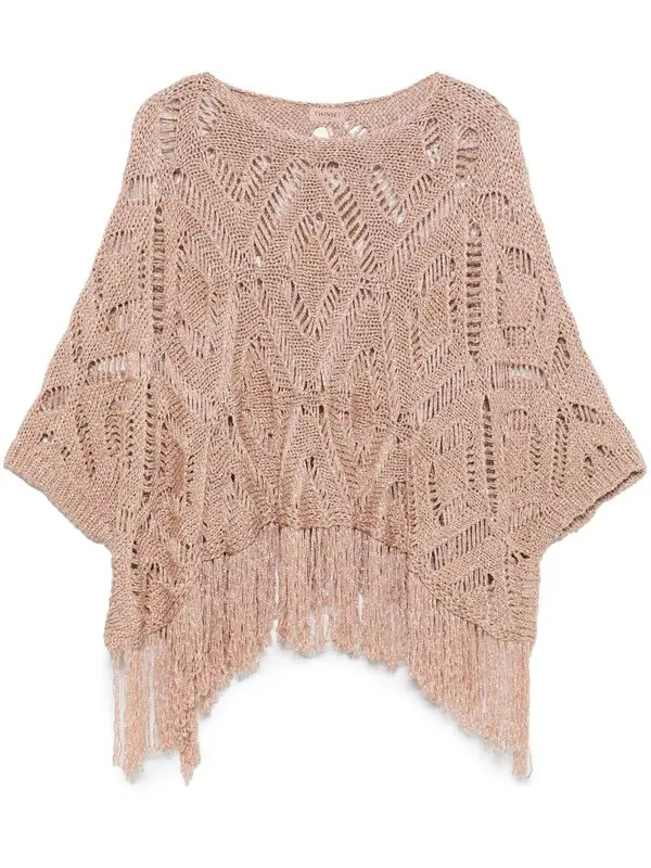 TWINSET Openwork Knit Poncho With Lurex And Fringe Detailing - Neutrals