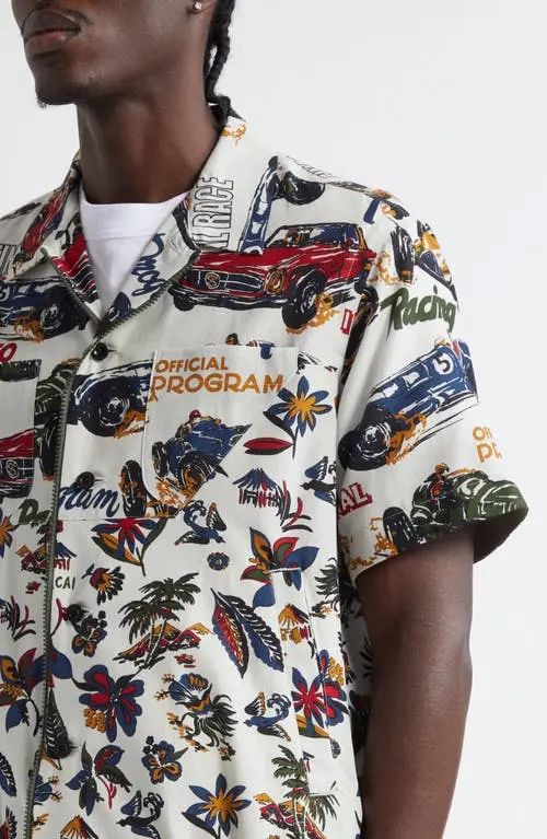 Sacai Car Race & Tropical Print Button-Up Shirt In Ivory - 65% Off