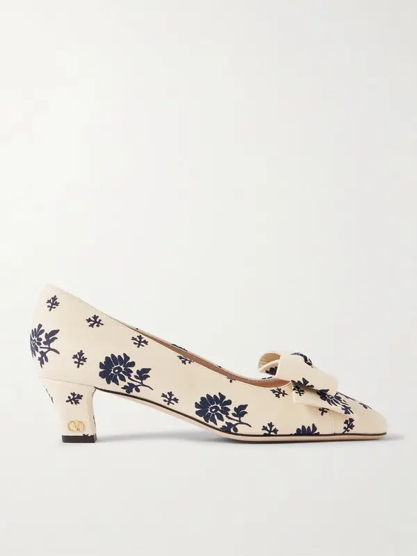 Valentino Garavani Bowbow 45 Bow-embellished Floral-print Twill Pumps - Cream