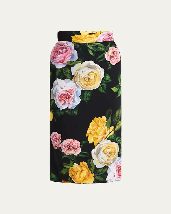 Dolce & Gabbana Floral Charmeuse Midi Skirt - Black