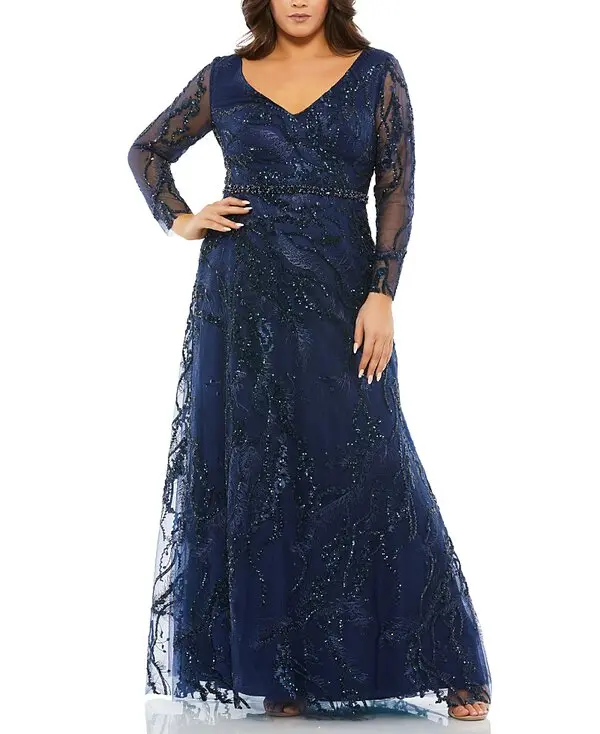 Mac Duggal Embellished Illusion Long Sleeve V-neck A-line Gown