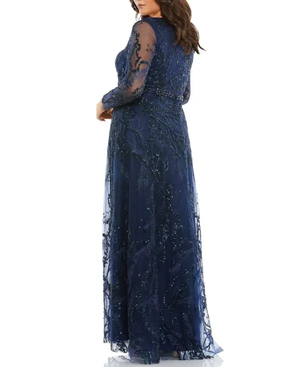 Mac Duggal Embellished Illusion Long Sleeve V-neck A-line Gown