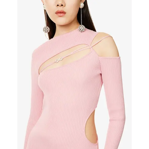 Mach & Mach Bow-Embellished Cut-Out Ribbed-Knit Midi Dress - Pink |  Editorialist