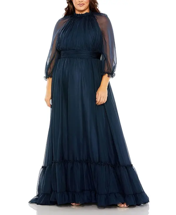 Mac Duggal High Neck Puff Sleeve Tiered A-line Gown