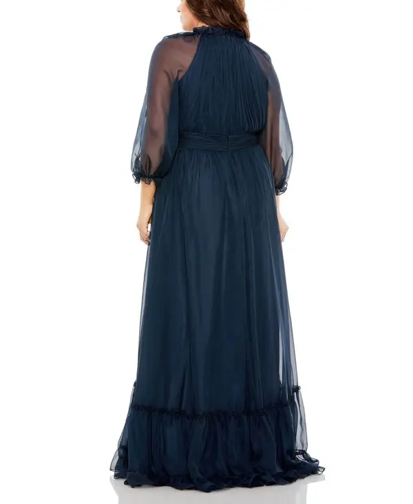 Mac Duggal High Neck Puff Sleeve Tiered A-line Gown