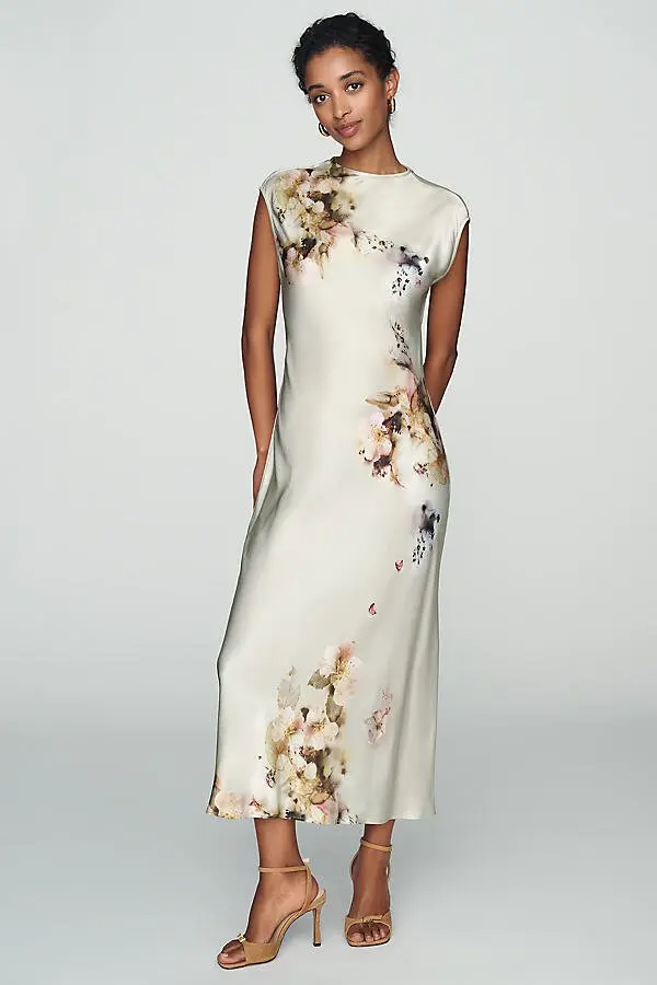 Maeve Mock-neck Midi Slip Dress - Green Pattern