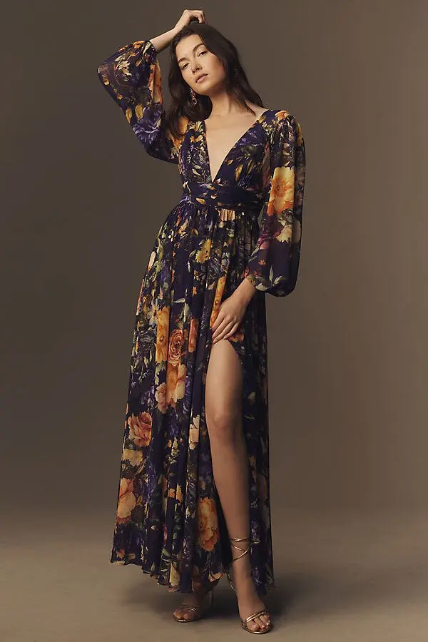Bhldn Mae Long-sleeve V-neck Chiffon Maxi Dress - Purple Floral Combo