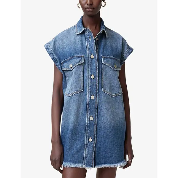 Allsaints Faye Frayed-Hem Denim Mini Shirt Dress In Mid Indigo - 25% Off |  Editorialist