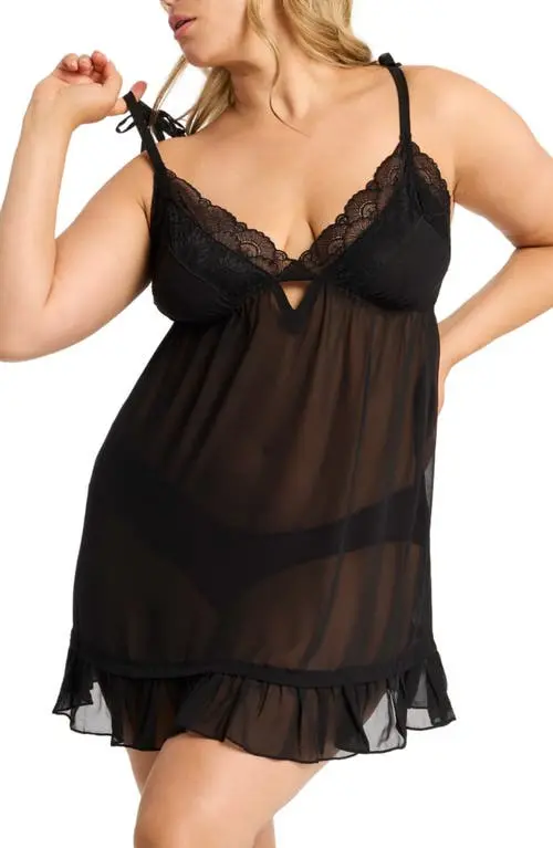 Rya Collection Dahlia Chiffon Babydoll Chemise & Panties Set - Black