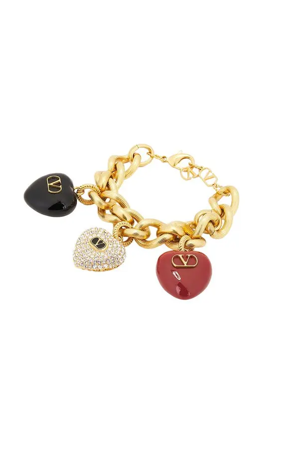 Valentino Garavani Cuore Charm Bracelet - Antique Brass  Rosso  Nero  & Crystal