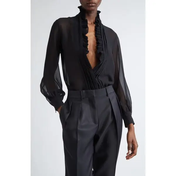 TOM FORD Ruffle Silk Georgette Tuxedo Shirt - Black