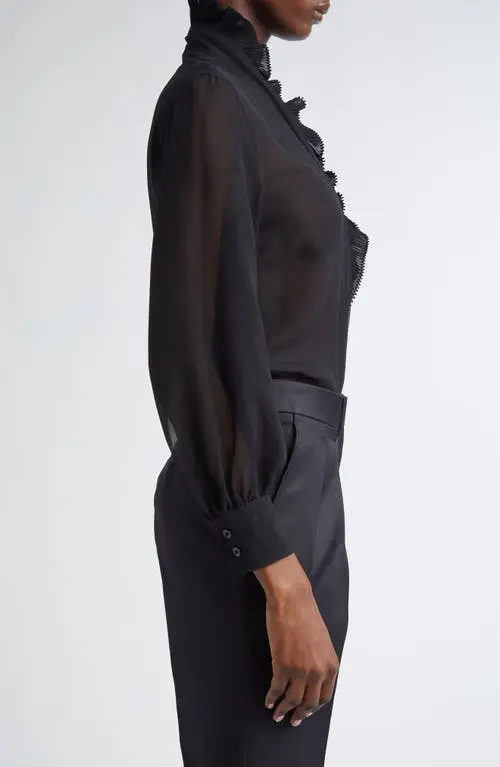 TOM FORD Ruffle Silk Georgette Tuxedo Shirt - Black