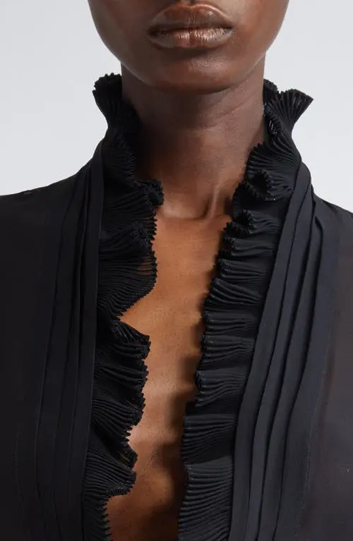 TOM FORD Ruffle Silk Georgette Tuxedo Shirt - Black