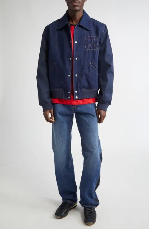 Buy WALES BONNER Echo Mixed Media Denim Varsity Jacket - Indigo At