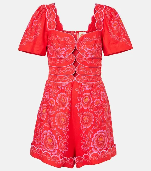 Farm Rio Floral Cutout Cotton-blend Romper - Red