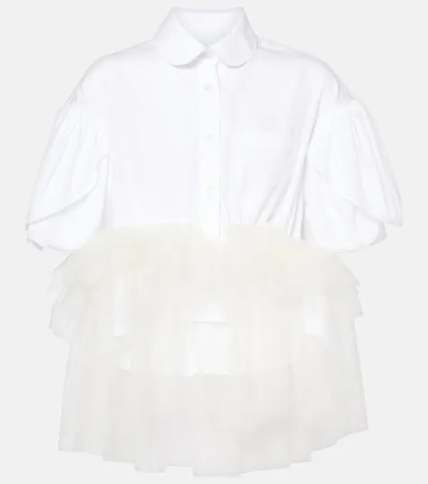 Simone Rocha Cropped Cotton Shirt With Tulle Trim - White