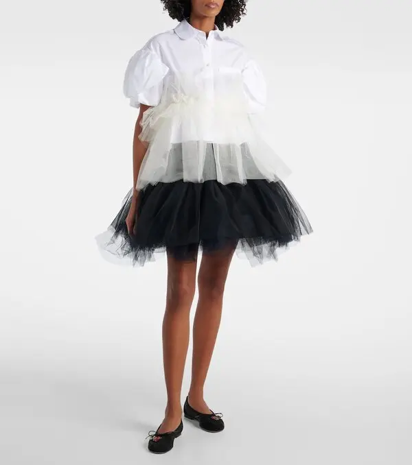 Simone Rocha Cropped Cotton Shirt With Tulle Trim