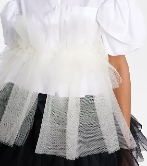 Simone Rocha Cropped Cotton Shirt With Tulle Trim