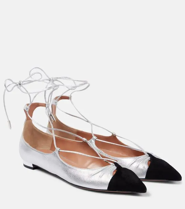 AQUAZZURA Gabi Metallic Leather Flats - Silver