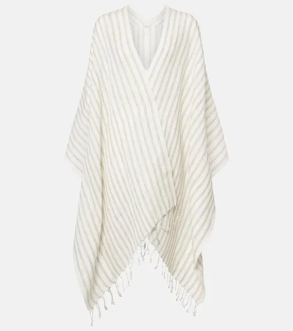 Brunello Cucinelli Striped Linen Poncho - White