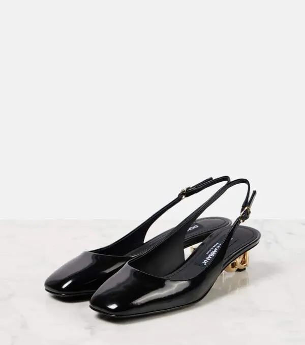Dolce & Gabbana Patent Leather Slingback Pumps With Gold Tone Dg Heel - Black