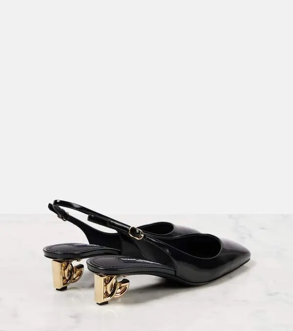Dolce & Gabbana Patent Leather Slingback Pumps With Gold Tone Dg Heel - Black