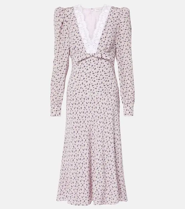 Alessandra Rich Floral Lace-trimmed Silk Midi Dress - Pink