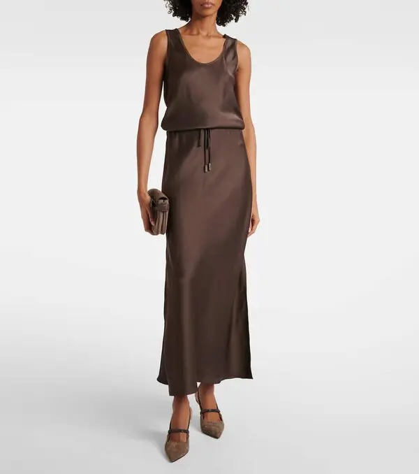 Brunello Cucinelli Satin Maxi Dress - Brown