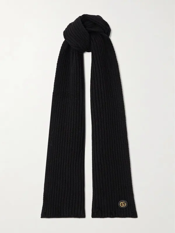 Gucci Embellished Leather-trimmed Ribbed Wool And Cashmere-blend Scarf - Black