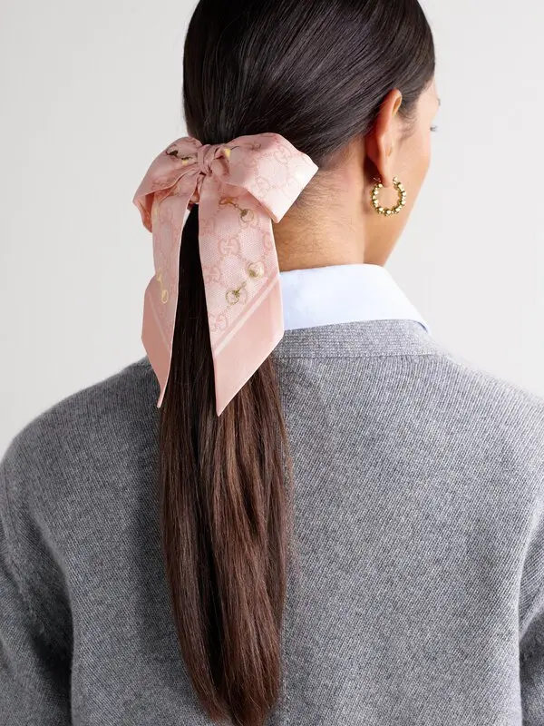 Gucci Gg Printed Metallic Silk Hair Tie And Scrunchie Set 