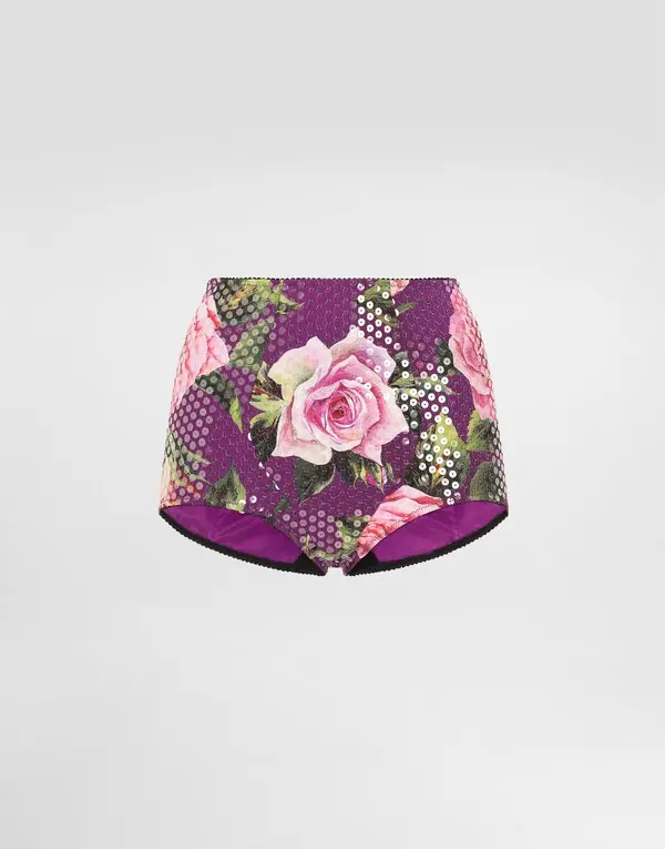 Dolce & Gabbana Sequin-embroidered Cady High-waisted Panties With Rose - Print