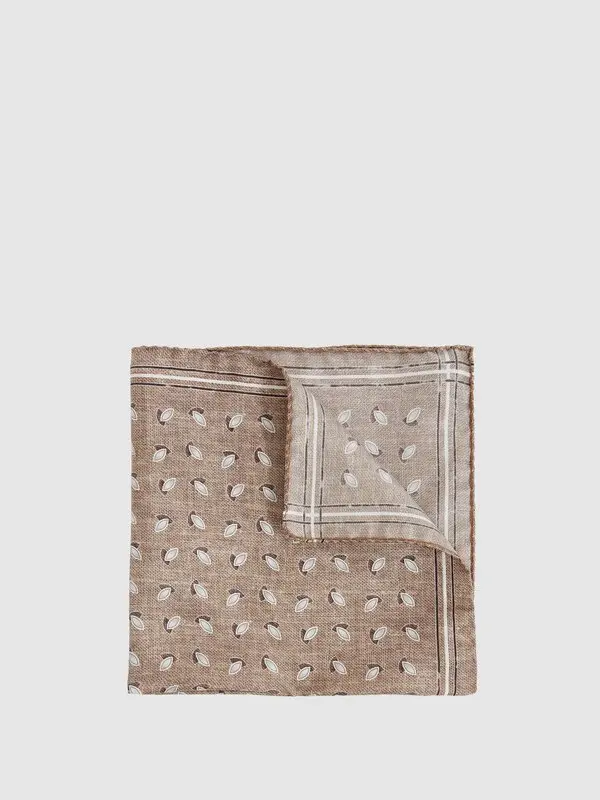 REISS Enrico Almond Print Silk Pocket Square - Soft Brown Melange