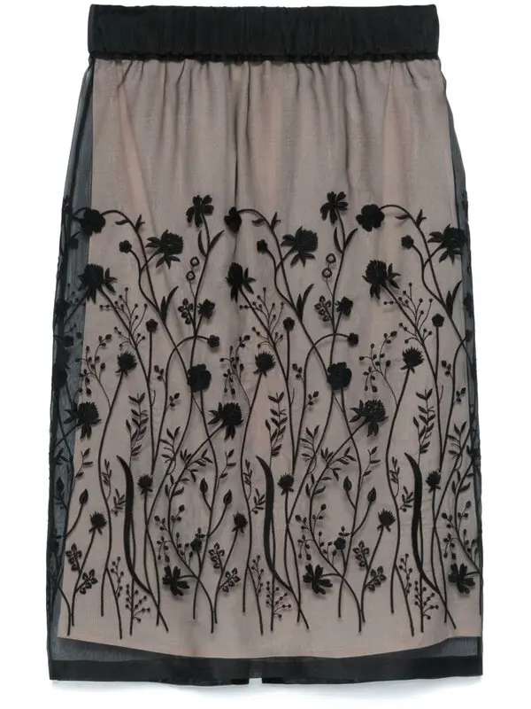 P.a.r.o.s.h Floral-embroidered Midi Skirt - Black