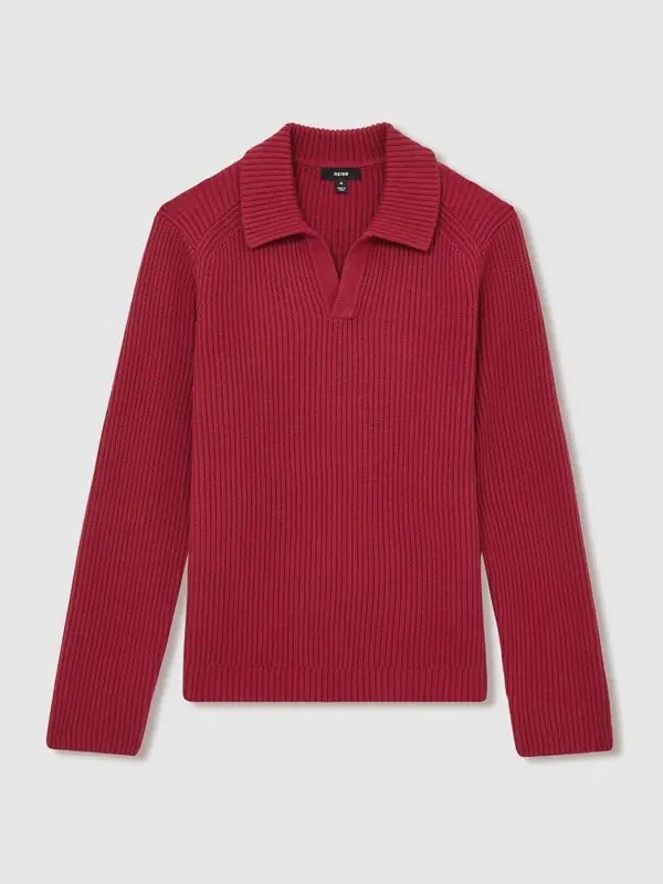 REISS Kingston Rib Knit Open Collar Polo Shirt