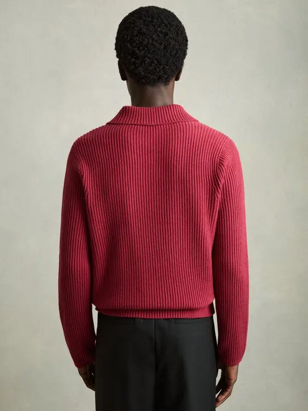 REISS Kingston Rib Knit Open Collar Polo Shirt
