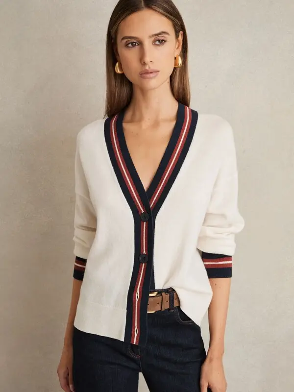 REISS Wool-cashmere Striped Trim Cardigan - White