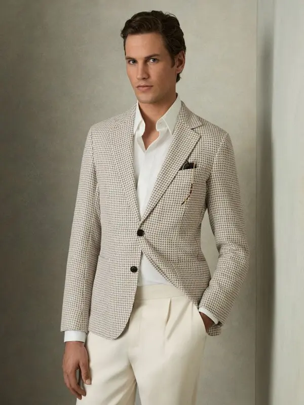 REISS Vitale Single-breasted Dogtooth-check Blazer Tailored-fit Cotton-linen - Grey/white