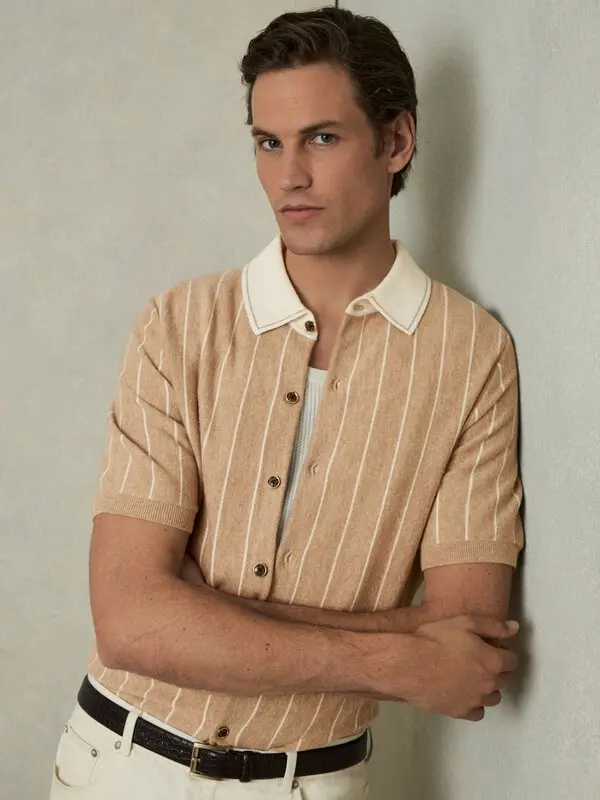 REISS Worthy Wool Striped-knit Short-sleeve Shirt - Camel