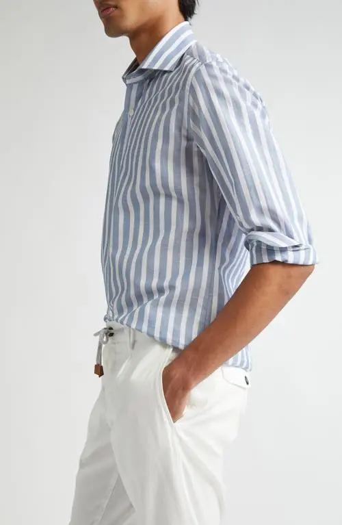 Eleventy Dandy Stripe Cotton & Linen Button-up Shirt