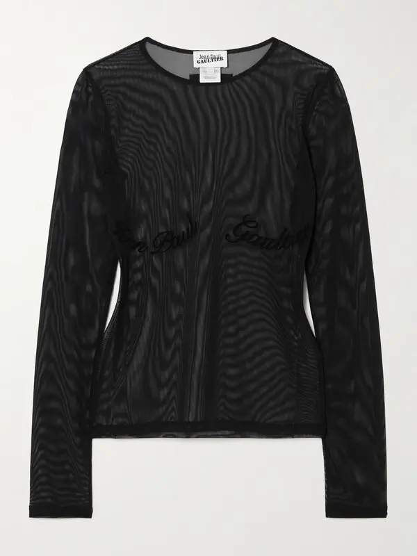 JEAN PAUL GAULTIER Flocked Stretch-tulle Top - Black