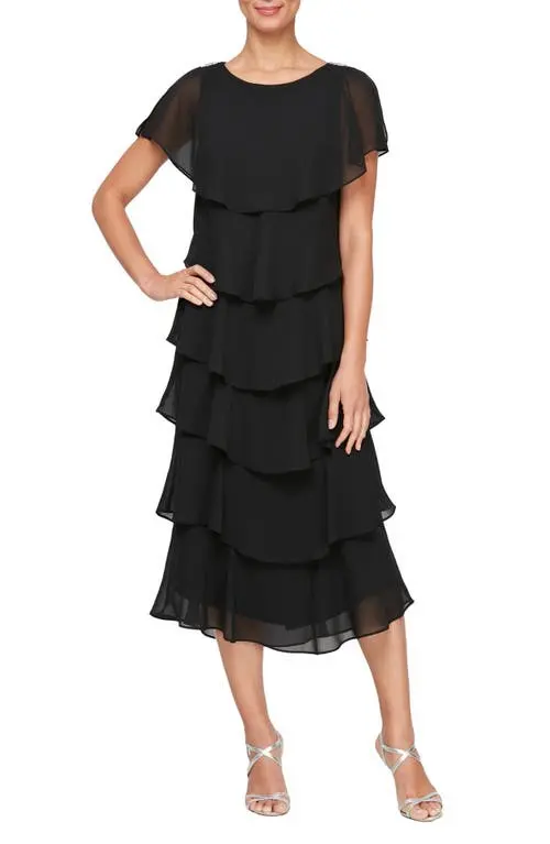 SL FASHIONS Tiered Chiffon Midi Dress - Black