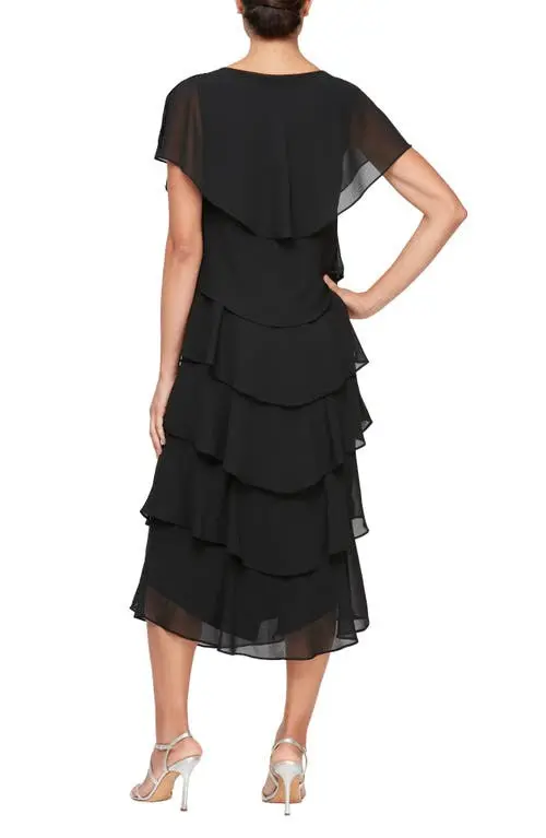 SL FASHIONS Slny Tiered Chiffon Midi Dress - Black