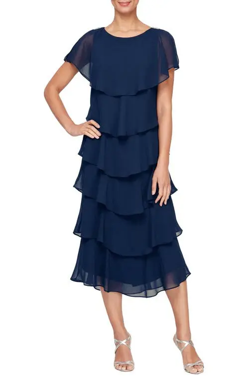 SL FASHIONS Tiered Chiffon Midi Dress - Navy